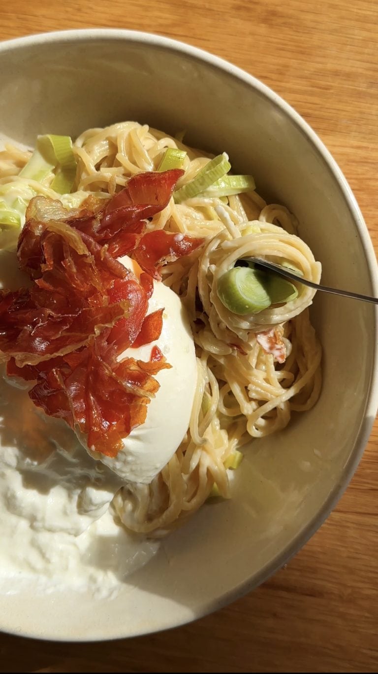 One Pan Leek Pasta With Crispy Parma Ham - Desert Island Dishes