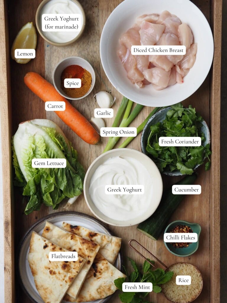 Baked Chicken Skewers with Herb Drizzle, Crunchy Salad & Raita - Desert ...